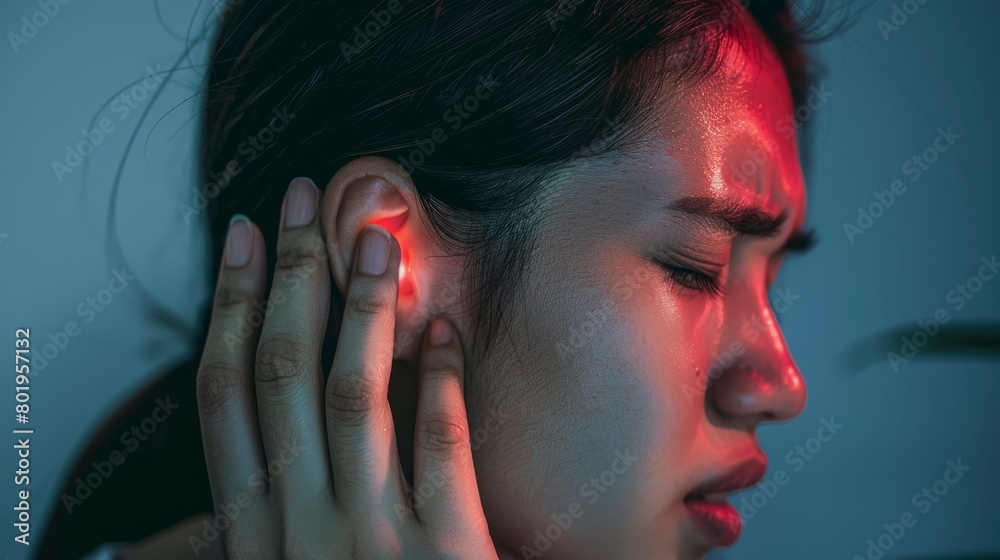 Illustrating Ear Discomfort: Person Grimacing, Holding Ear with Signs ...