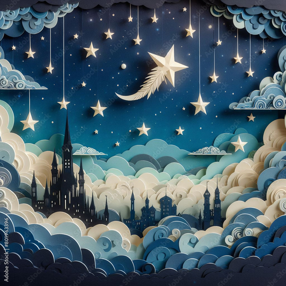 the night sky with a Background of Clouds and Stars in Cut and Paste ...