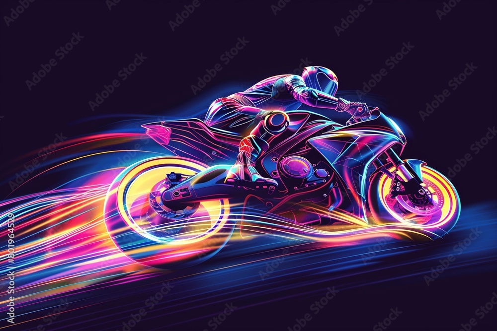 Bathed in neon light, a futuristic motorcycle with an aerodynamic ...