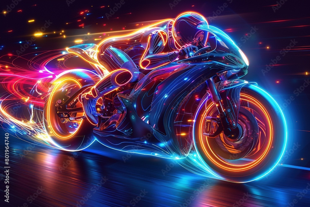 A neon-drenched motorcycle, a canvas of vibrant colors and sharp angles ...