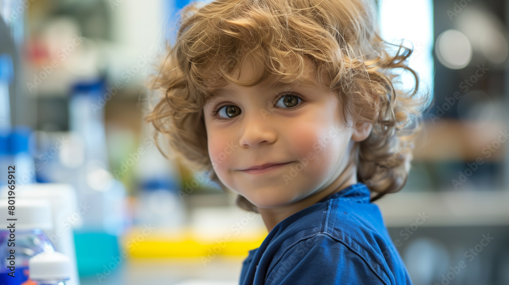 portrait of a 5-year-old boy with lab coat on the background of a ...