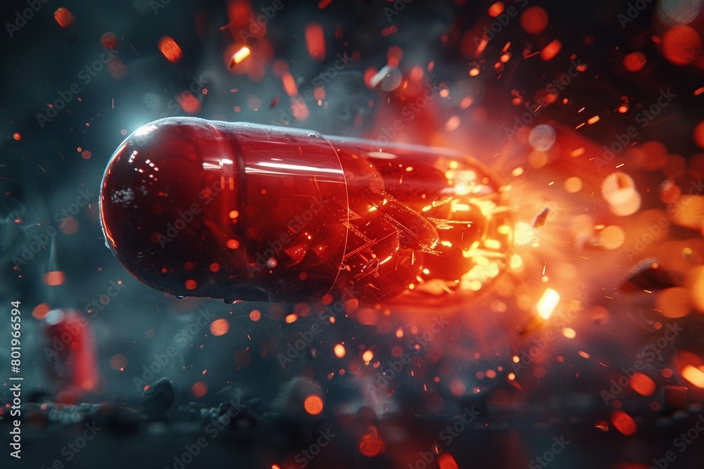 A descent of a menacing red pill bomb, dramatically lit, culminates in ...