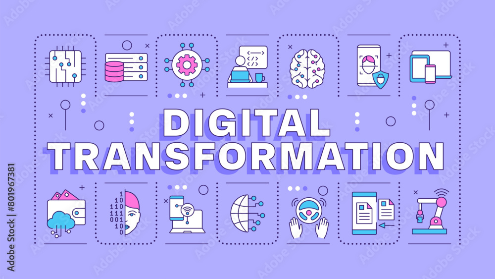 Digital transformation purple word concept. Business process automation ...