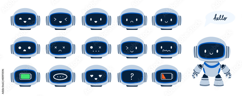 Robot emotions. Chatbot assistant emotions, cute ai symbol, tech mascot ...