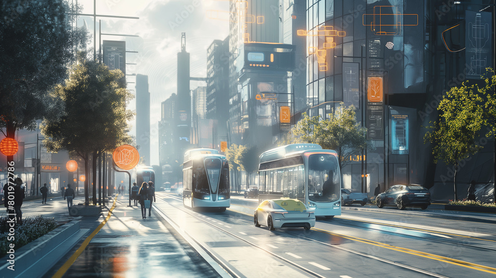 Smart city street scene with autonomous vehicles and interactive ...