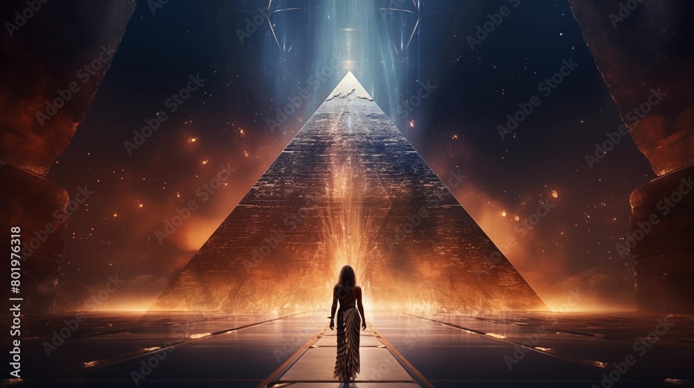 View from the front, egyptian woman queen standing inside the Pyramid ...