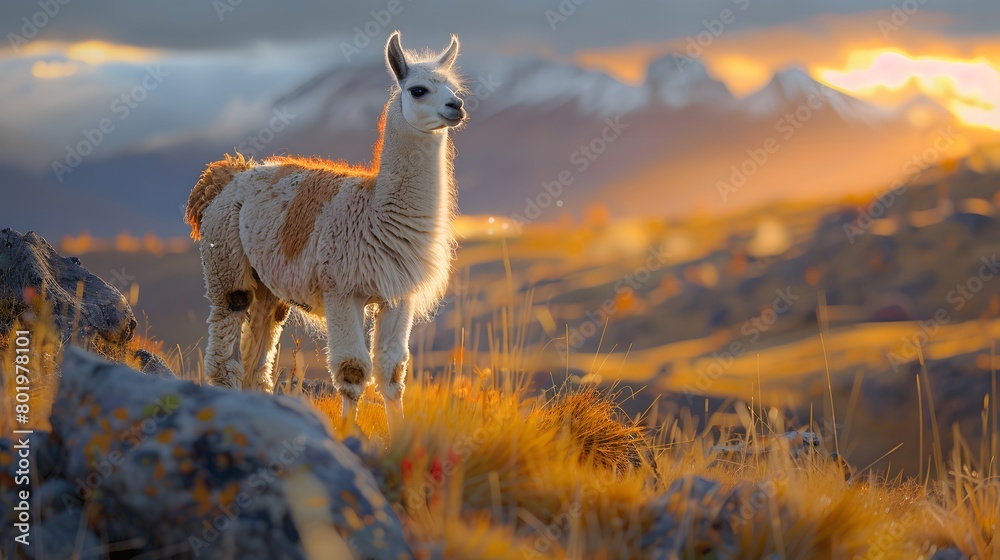 8K wallpaper of a llama standing on an Andean plateau at sunrise. Focus ...
