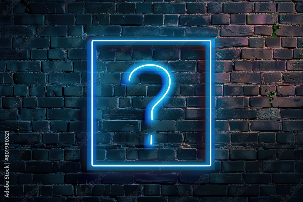 Blue glowing outline neon question mark or sign on brick wall ...