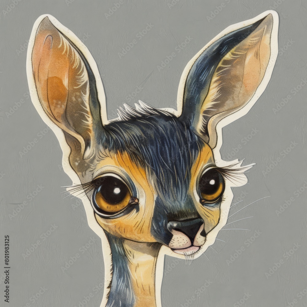 A tight shot of a painting depicting a tiny animal with oversized eyes ...