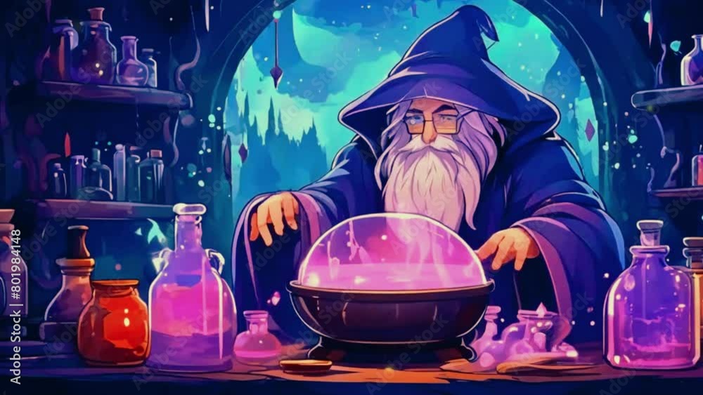 A wizard brewing potions in a mystical laboratory filled with bubbling ...