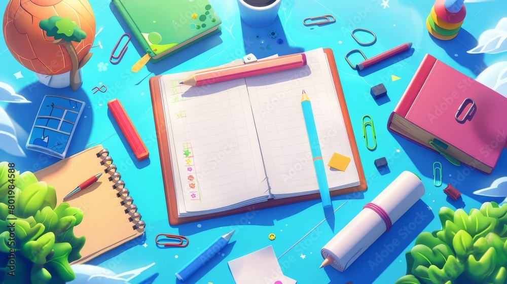 Students' desk, homework stationery and study materials. Cartoon ...