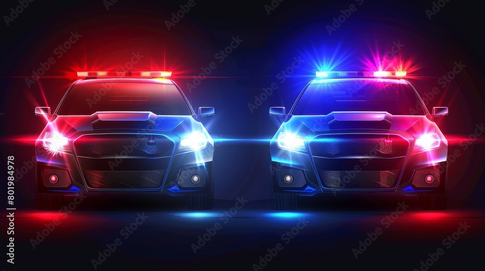 Police cars' headlights blinking with red and blue colors on ...