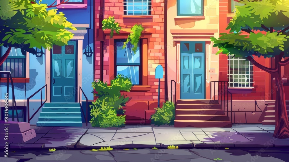 Old city back alley street cartoon modern background. Brick wall ...