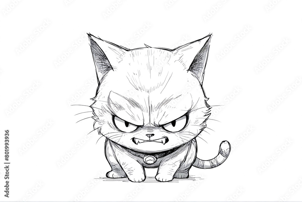 Sketch cartoon drawing of angry little cat isolated on white background ...