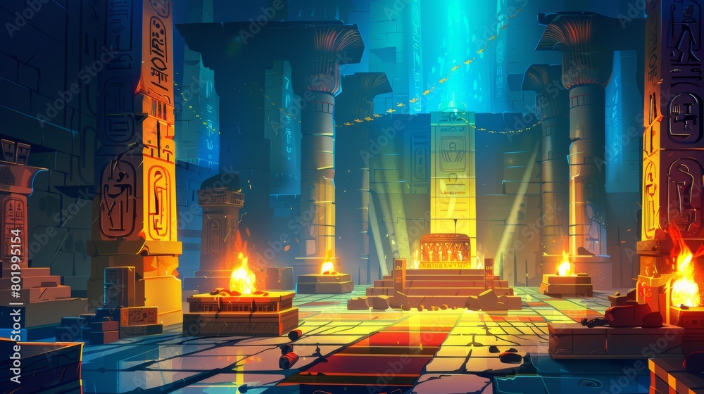 Pyramid inside a room interior with sarcophagus, torch fire ...