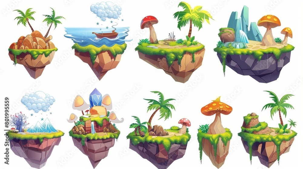 Island of the flying fantasy game on rock background. Floating land ...