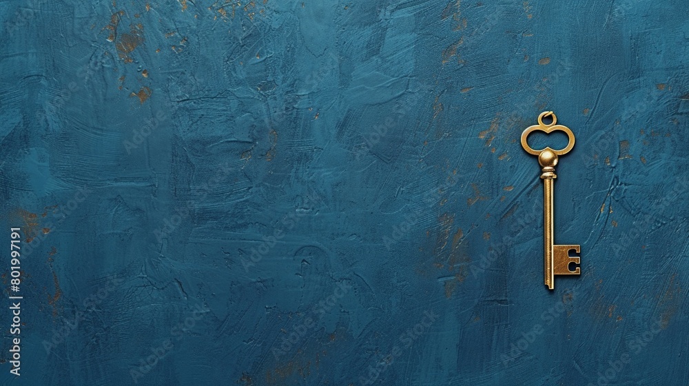 An old-fashioned golden key on a deep blue textured background with ...