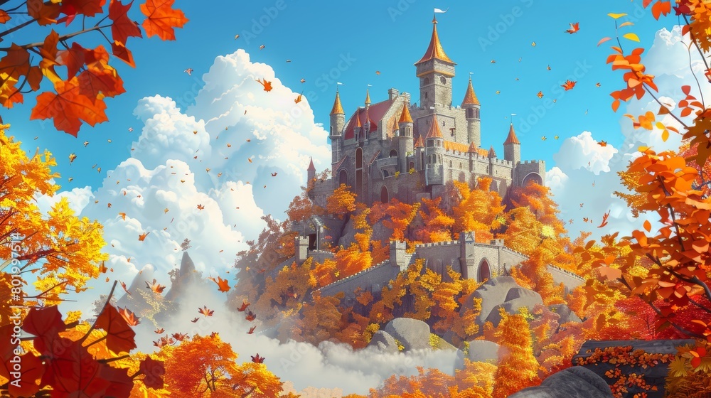 Fantasy kingdom scene with an old palace above clouds in the sky ...
