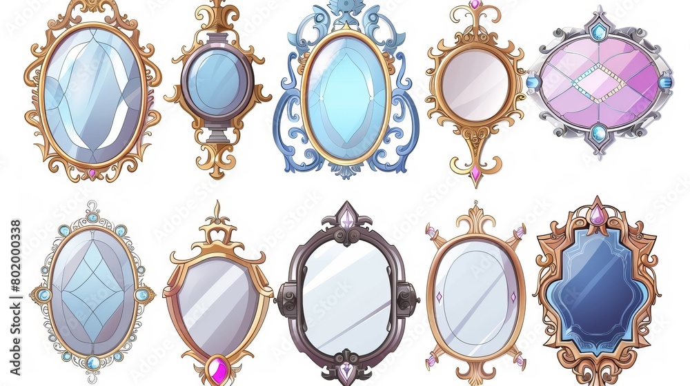 Magic game mirrors isolated on a silver and gold background. Modern ...