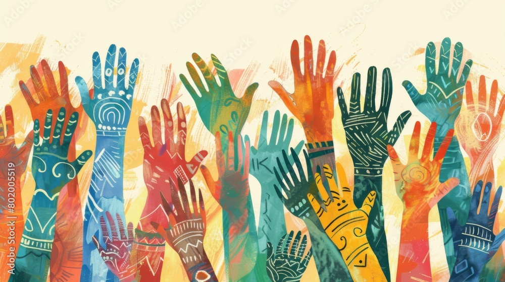An illustration showcasing a collection of diverse and colorful hands ...