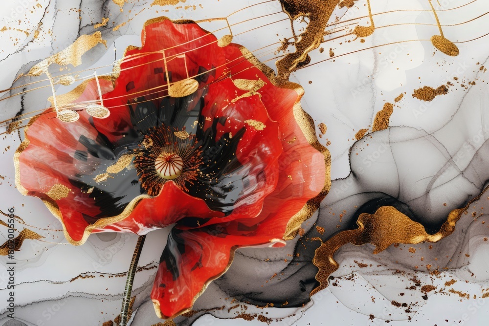 Poppy flower composed of musical notes, featuring colors of red, gold ...