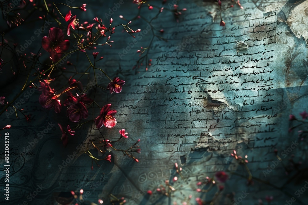 Illustration featuring a gothic background paper with writing and ...