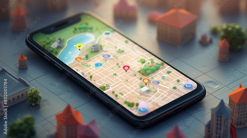 Concept of geofencing, featuring a digital map with virtual boundaries, a location pin, and a ...