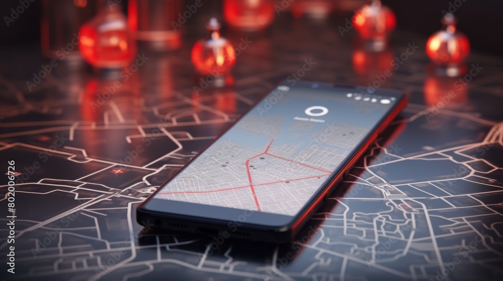 Concept of geofencing, featuring a digital map with virtual boundaries, a location pin, and a ...