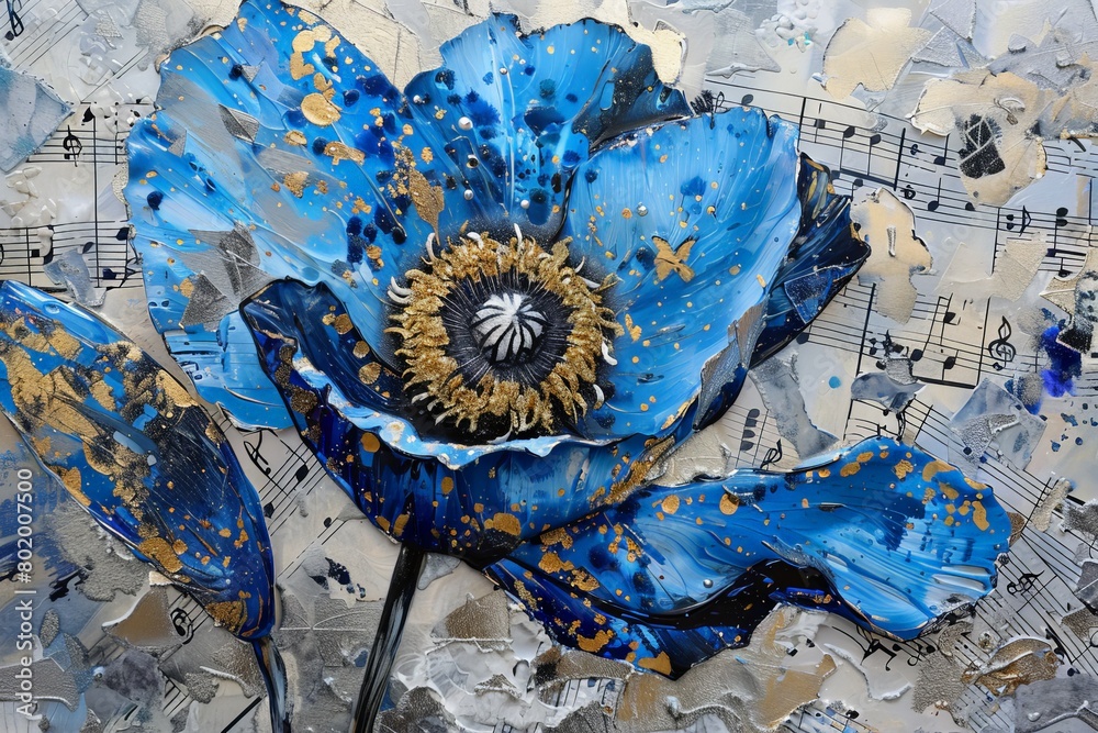 Poppy flower made from musical notes, utilizing a color palette of blue ...