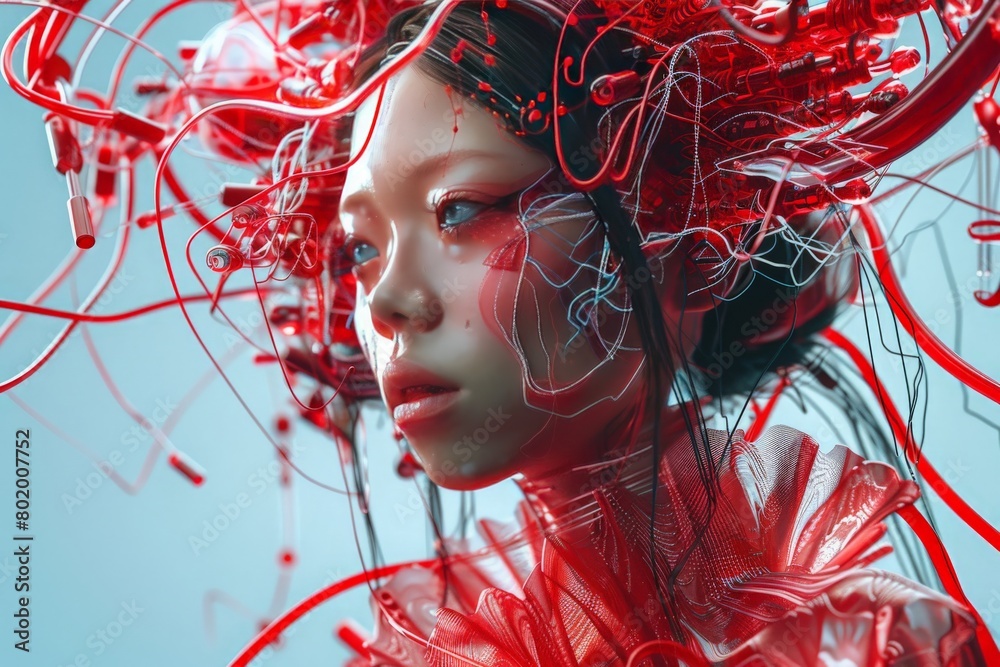 Analog action view of a beautiful female cyborg with red wires and a ...