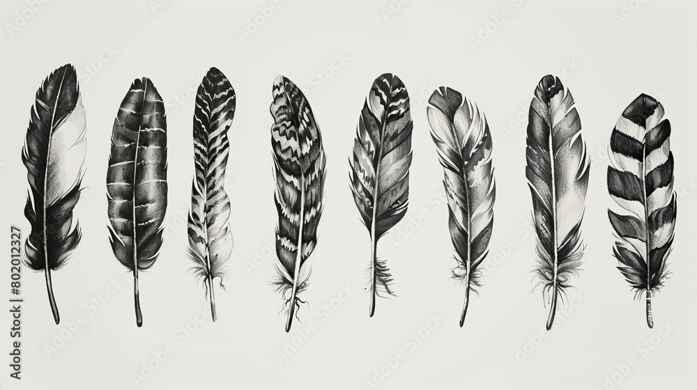 Artistic rendering of multiple feather tattoos, each representing a ...