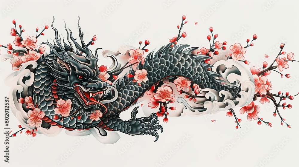 Artistic rendering of a full sleeve irezumi tattoo, featuring a fierce ...