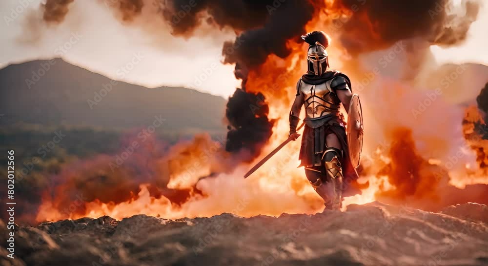 Stunning Spartan warrior on fire video animation seamless looping video ...