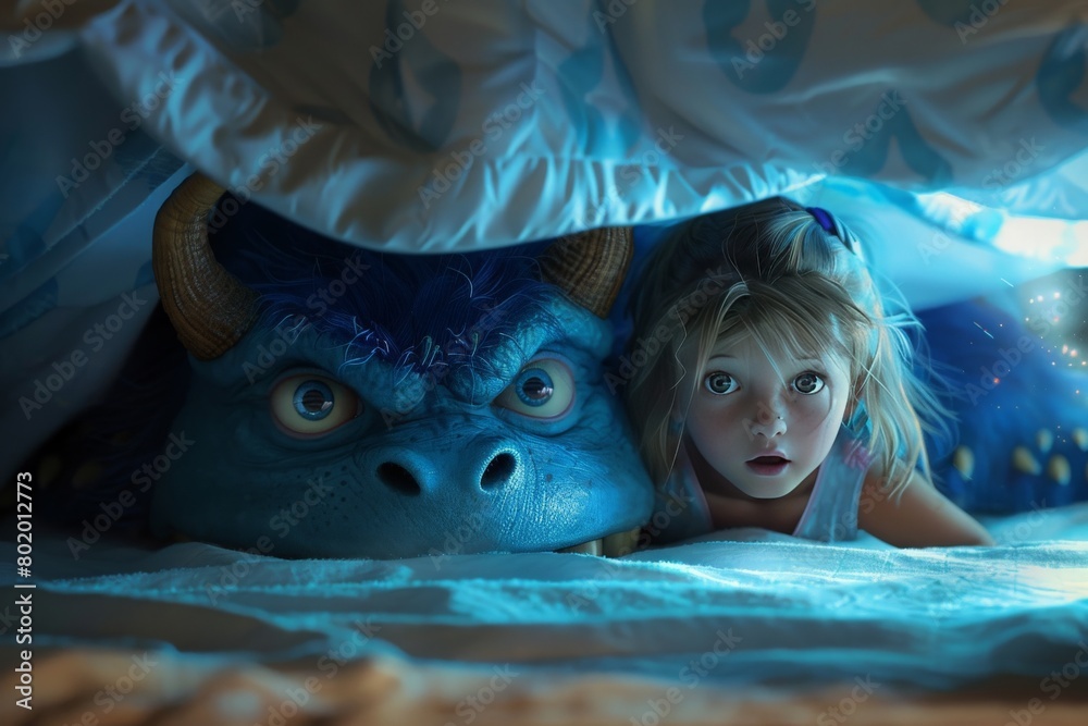 Whimsical artwork featuring a teal, cute monster hiding under a bed ...