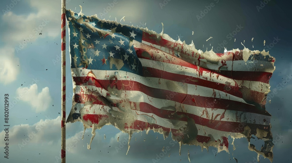 Artistic portrayal of a tattered American flag on an isolated ...