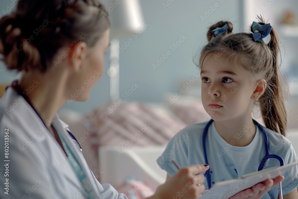 Friendly doctor talking to child and support her at medical checkup ...