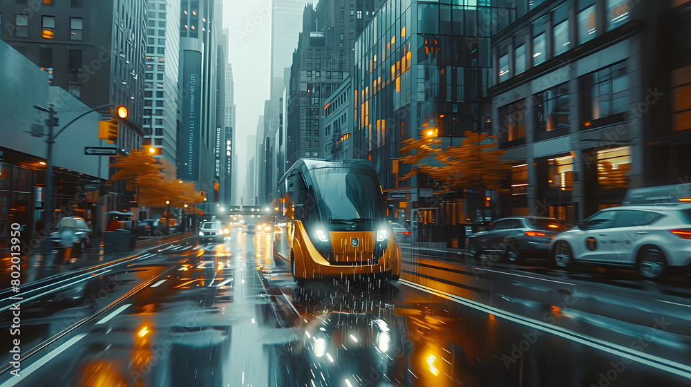 High fidelity image capturing a modern self-driving van moving along a ...