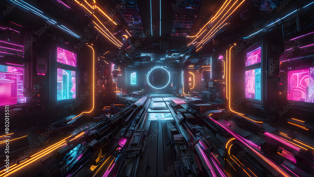 Image of the interior of a spaceship expressed in neon signs Stock ...