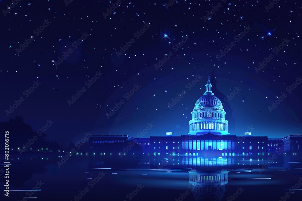 abstract background with the US capitol building and stars, blue tones ...