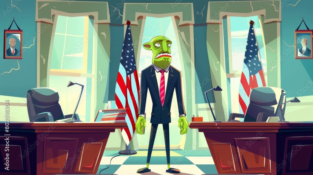 Cartoon illustration of an alien businessman or president standing in ...