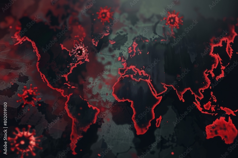 An ominous shadow of the Disease X virus on a world map, glowing in red ...
