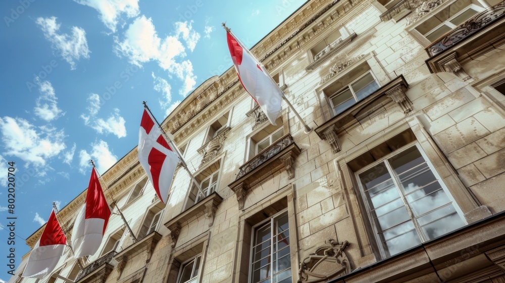 Flags of Poland on Facade Building waving in Wind. Polish Flags on ...