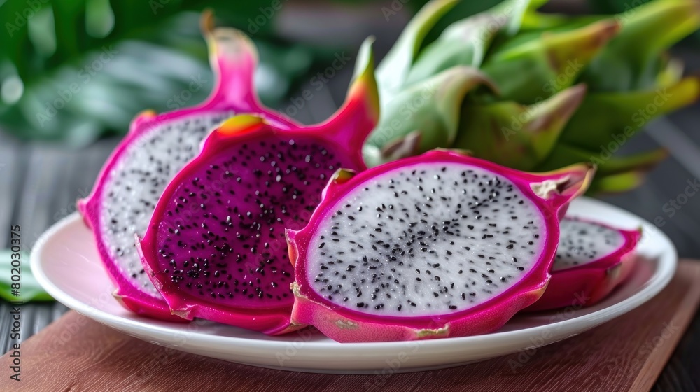 dragon fruit slice and cut half on white plate with pitahaya background ...