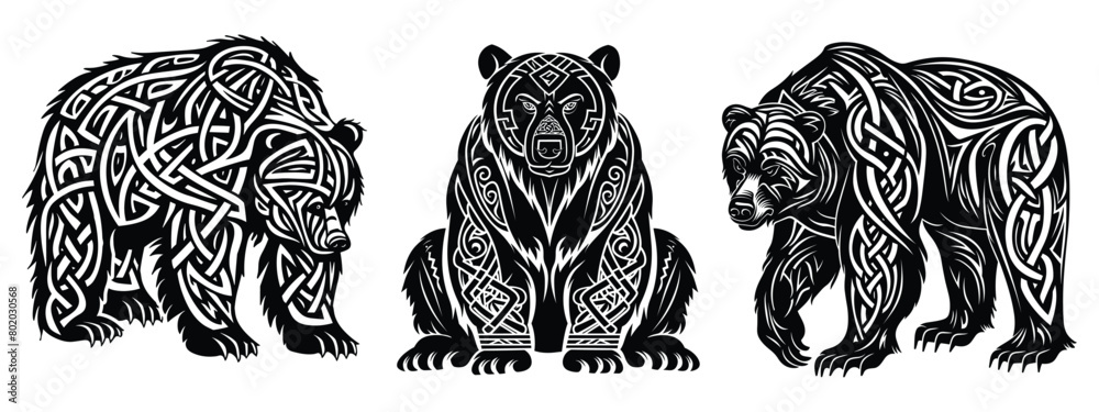 Celtic bear silhouette isolated on white tribal design. Celtic interlaced patterns, animals ...
