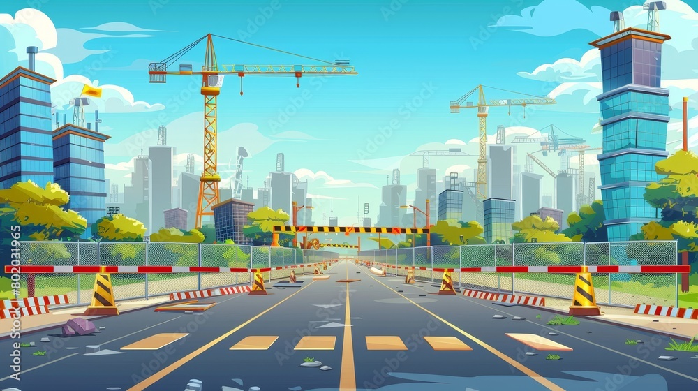 Buildings under construction, sites, cranes, traffic barriers and empty ...
