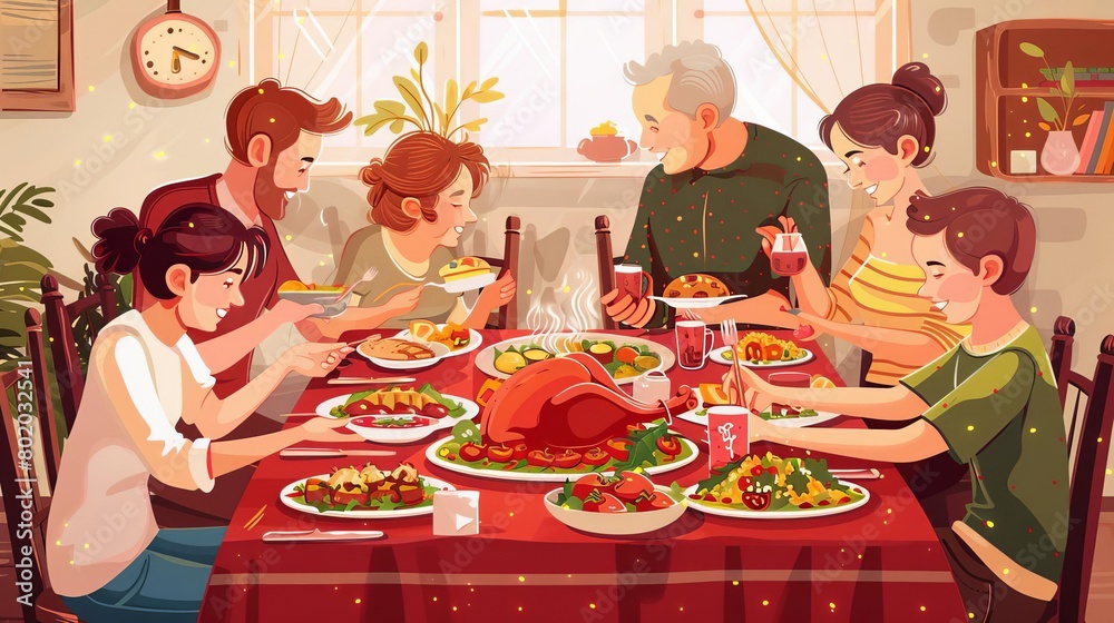 Collection of scenes with family at festive dinner Children, parents ...