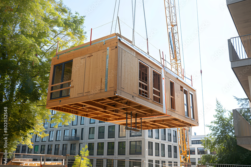 Modular wooden building module being lifted by a crane at a ...