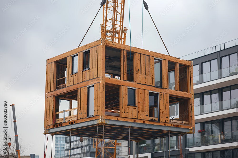 Modular wooden building module being lifted by a crane at a ...