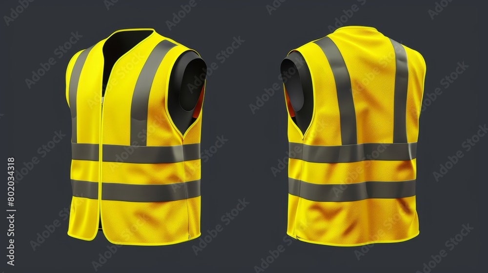 Mockup of safety vest with front and back views, yellow sleeveless ...