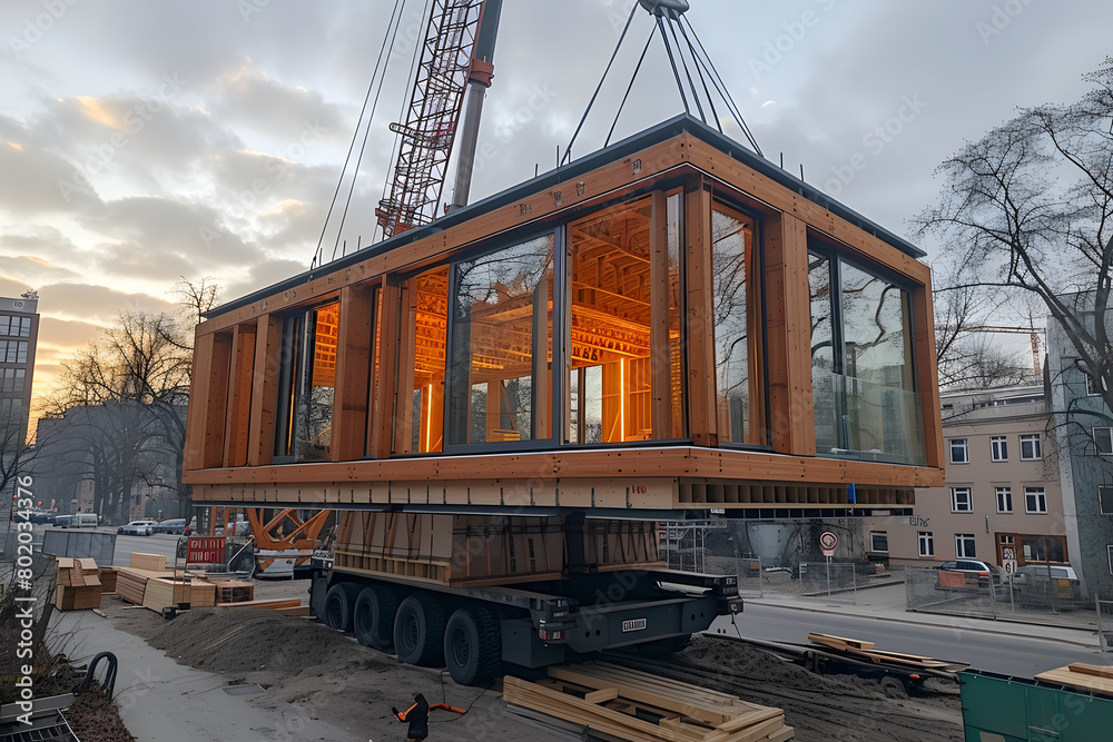 Modular wooden building module being lifted by a crane at a ...